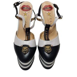 Gucci | Shoes | Gucci Navy Blue White Leather Angel Feline Head Tstrap ...